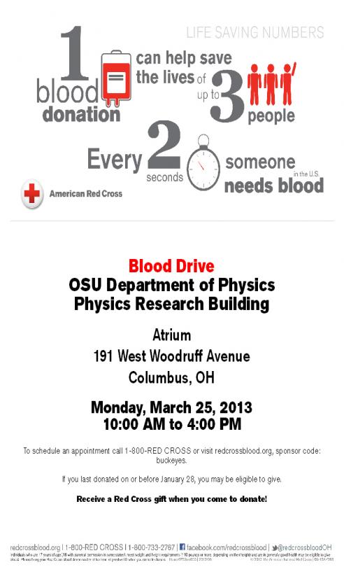 Amercian Red Cross Blood Drive in the PRB on Monday March 25 | Physics